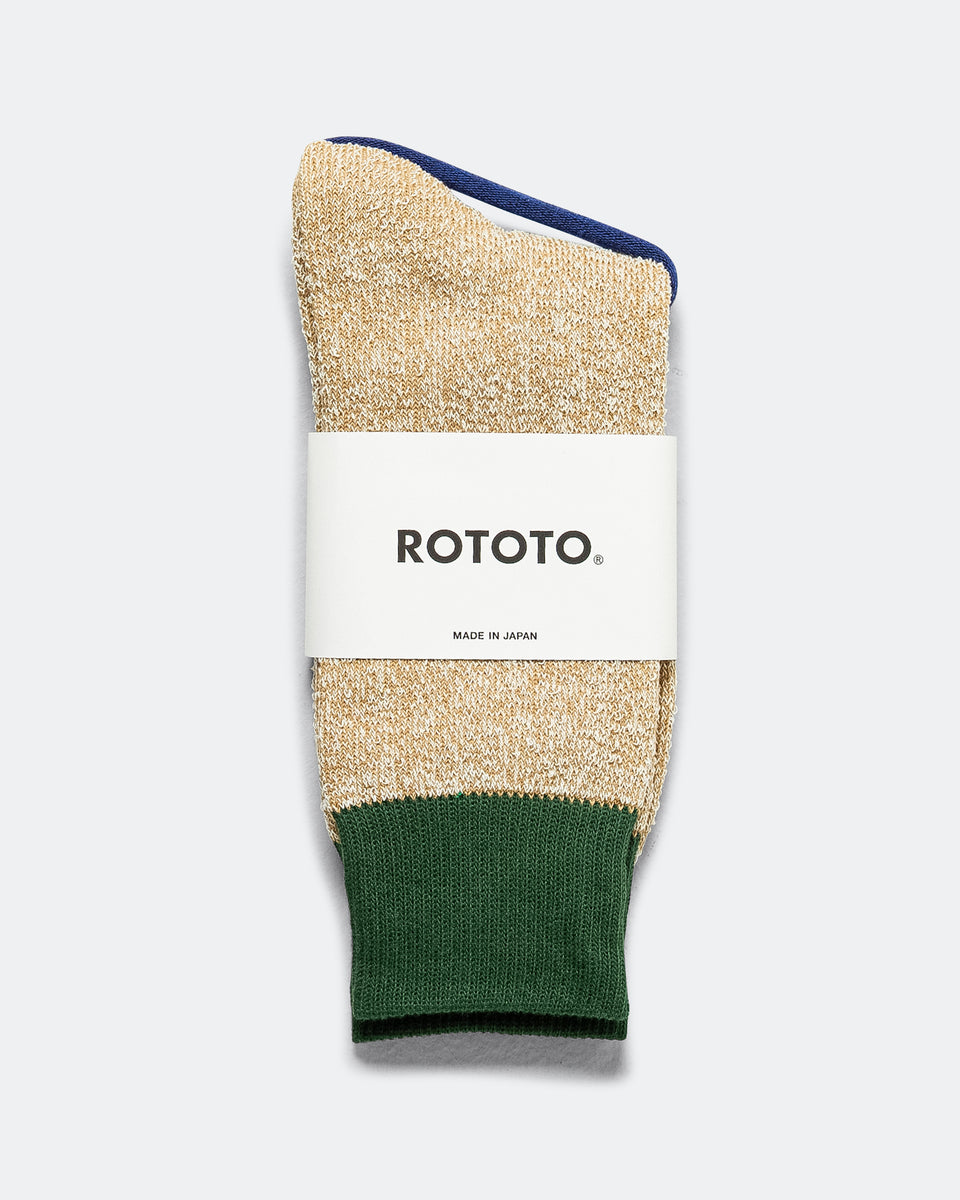 RoToTo - Double Face Crew Socks Silk & Cotton - Dark Green/Beige | UP THERE