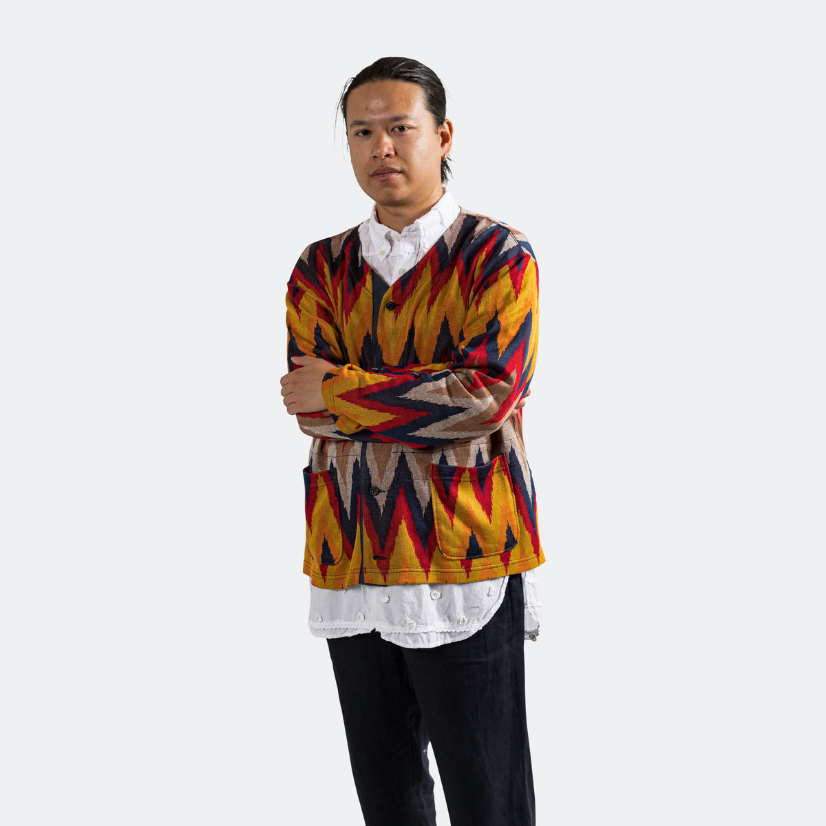 Engineered Garments Knit Cardigan - Red/Navy Ikat Knit | Up There | UP ...
