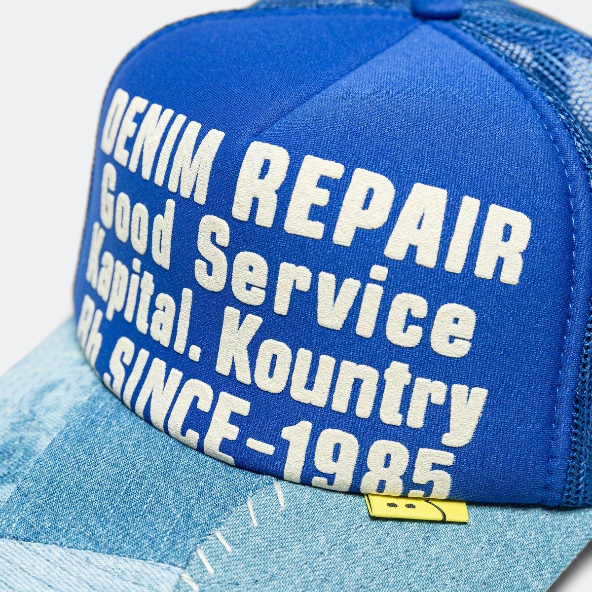KAPITAL Denim Repair Service Denim Reconstruction Truck Cap - Blue | Up ...