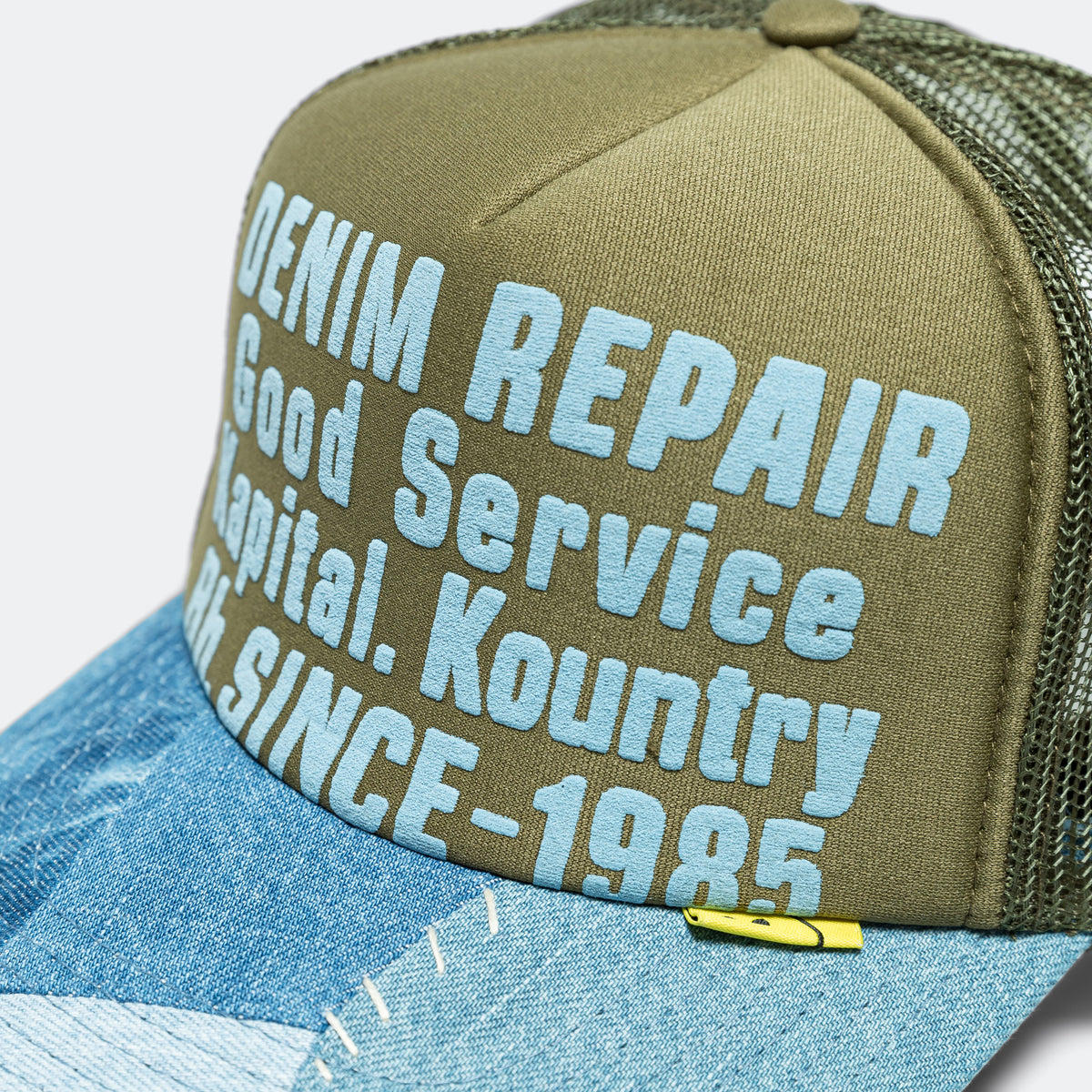 KAPITAL DENIM REPAIR SERVICE Re-Construct Trucker Cap - Dark Green | Up ...